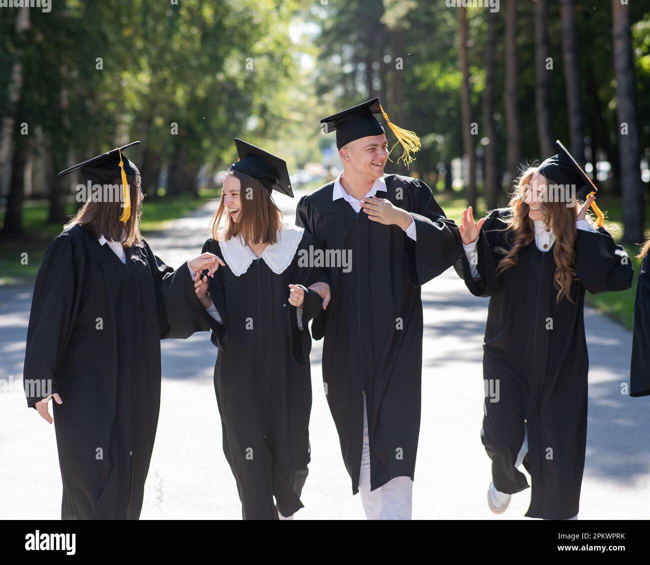 Row of happy young people in graduation gowns outdoors. Students are ...