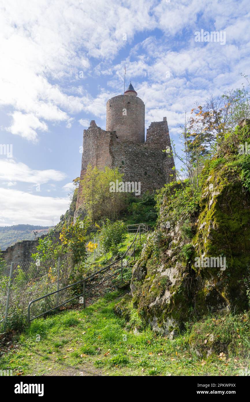 City view of the german city Saarburg with river called Saar and old castle ruin Stock Photo - Alamy