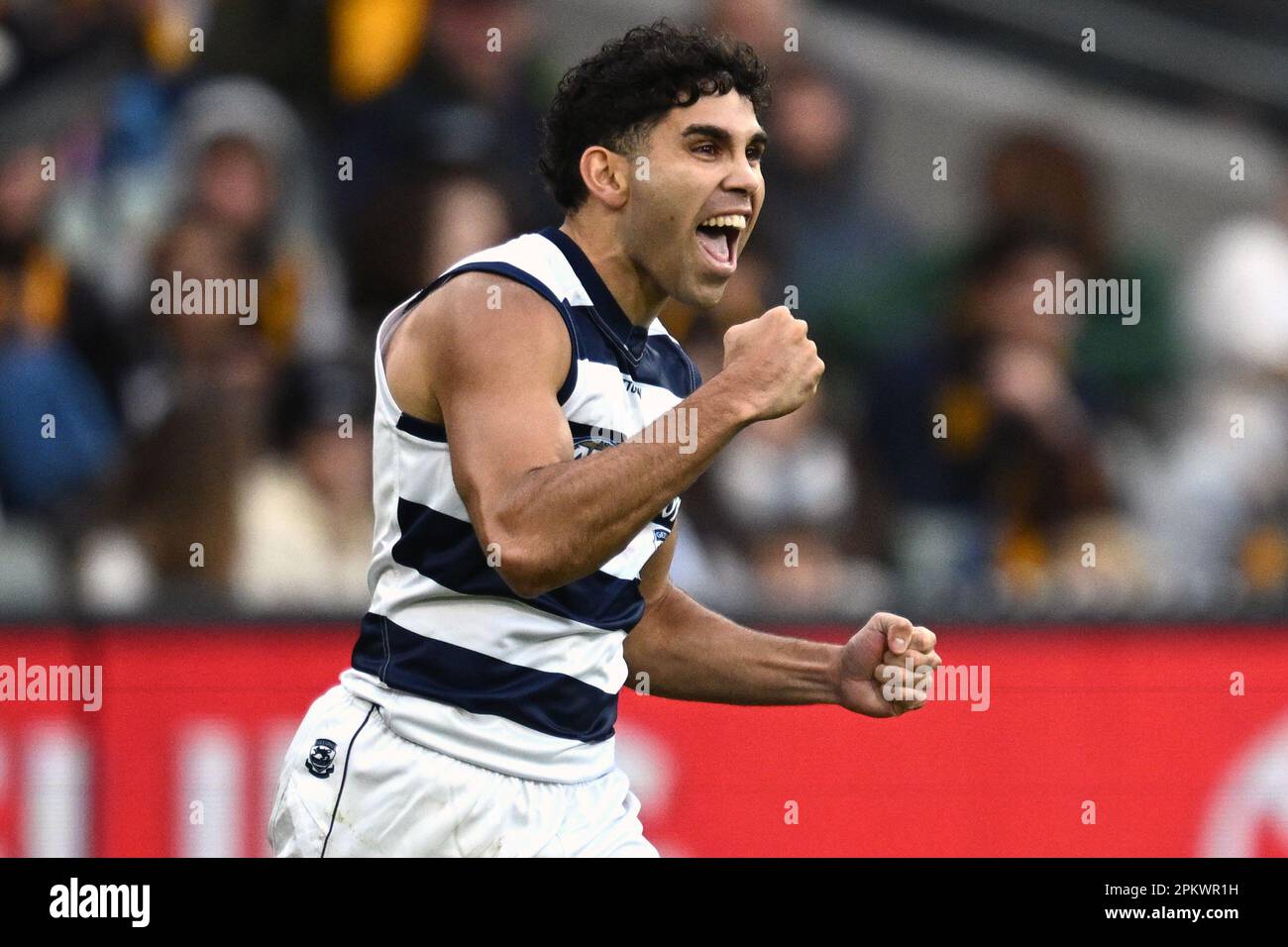 Tyson Stengle of Geelong celebrates scoring a goal during the AFL Round ...