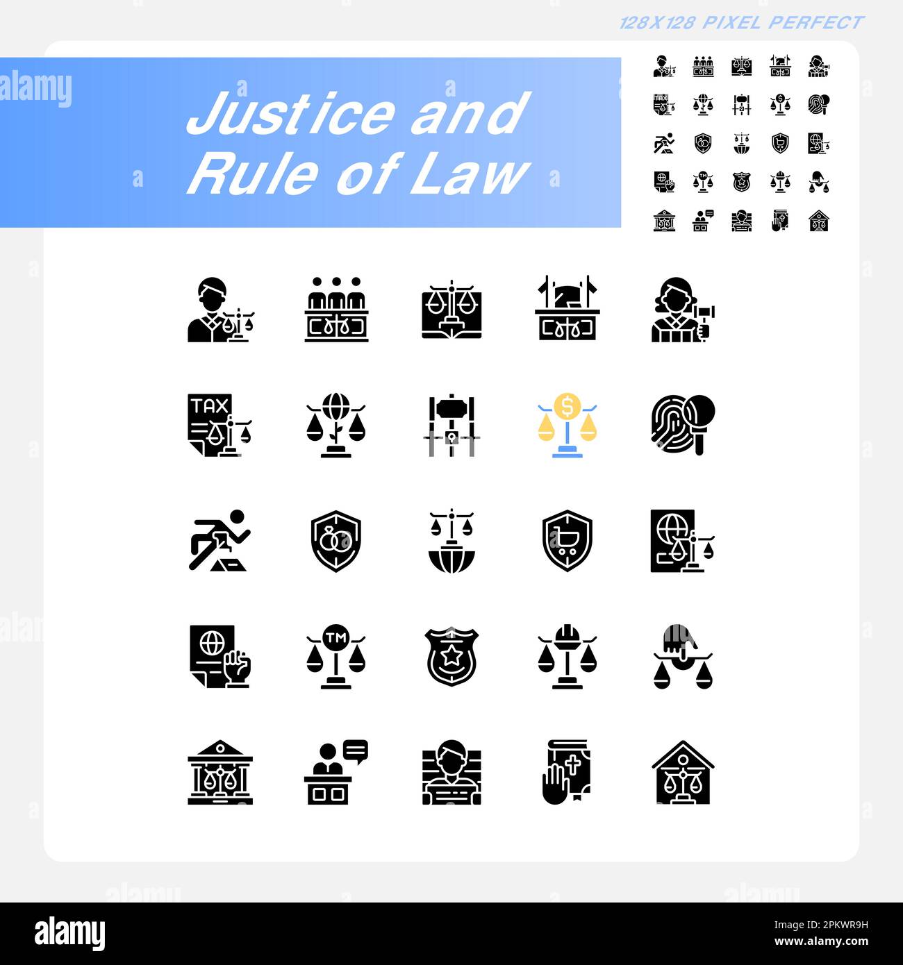 Justice and rule of law pixel perfect black glyph icons set on white ...