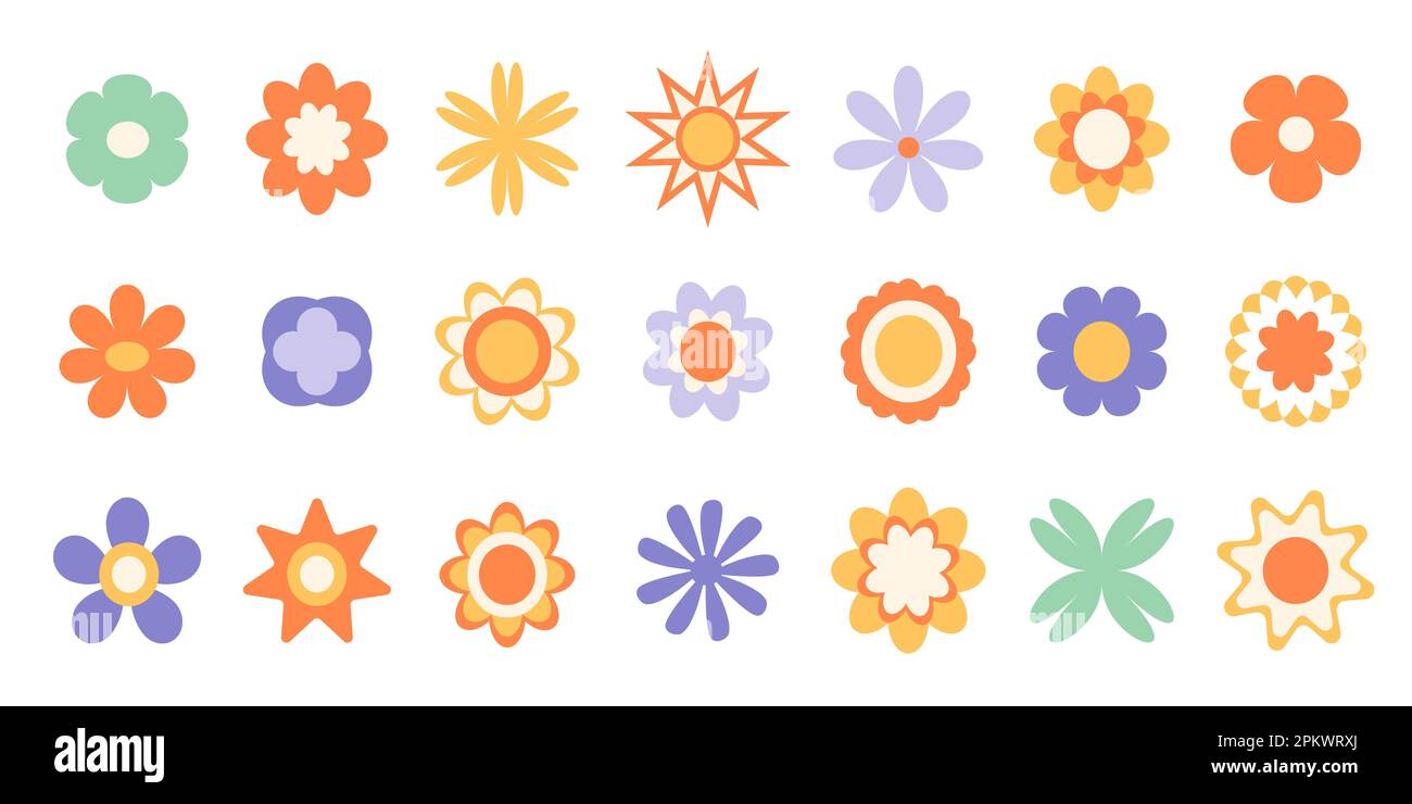 Groovy Retro 70s Geometric Flowers Shapes Set Stock Vector Image & Art ...