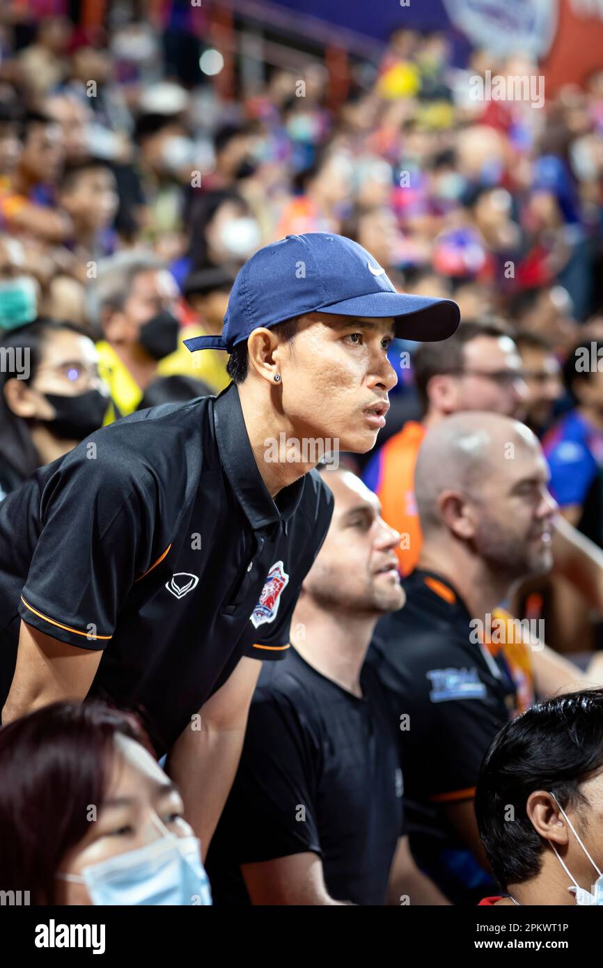 Port F.C. supporters and spectators at Thai football league match at PAT stadium, Khlong Toey ...