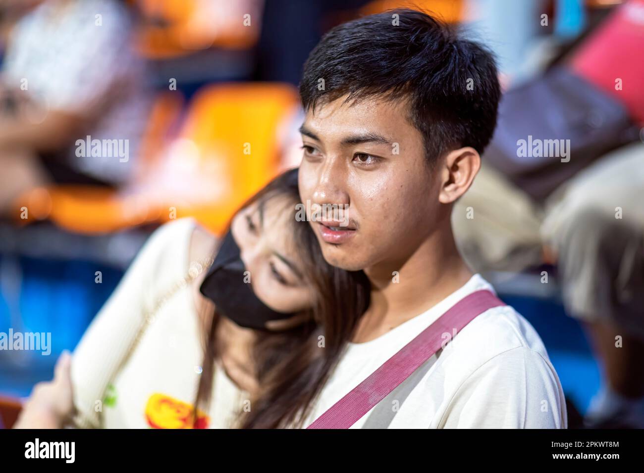 Port F.C. supporters and spectators at Thai football league match at PAT stadium, Khlong Toey ...
