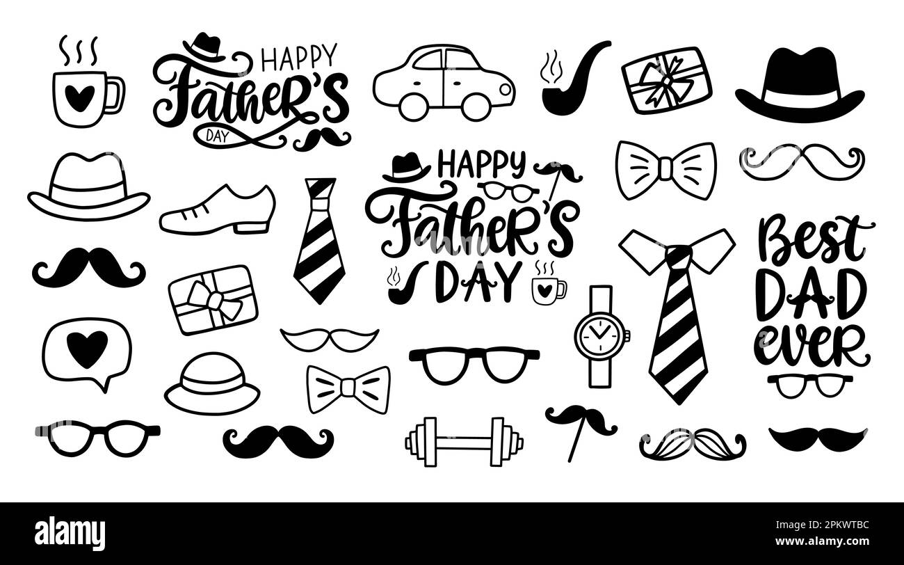 Happy Fathers Day Lettering, Elements Doodles Set Stock Vector Image ...