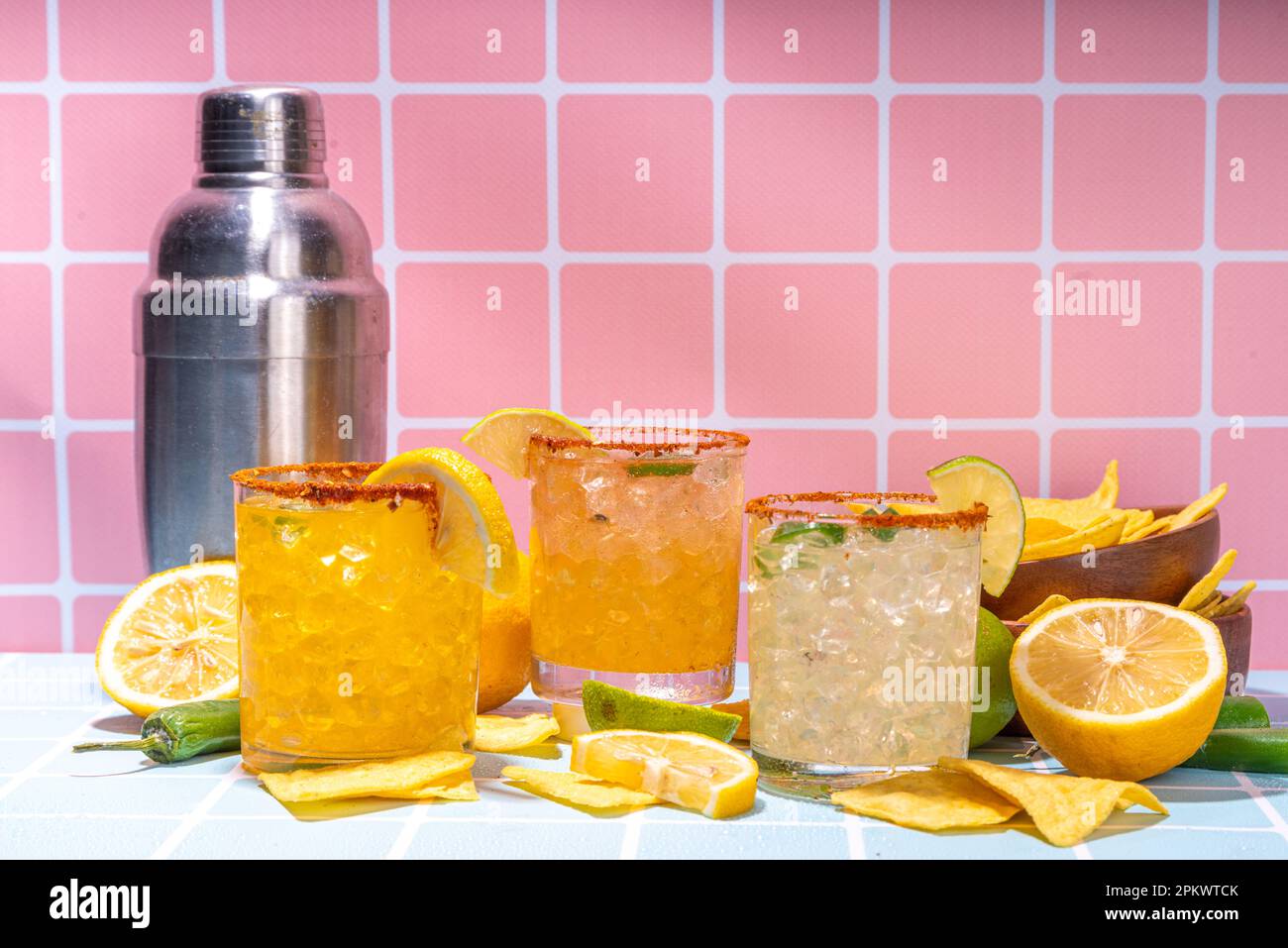 Set of tequila margarita mexican cocktails, with jalapeno pepper, lime ...