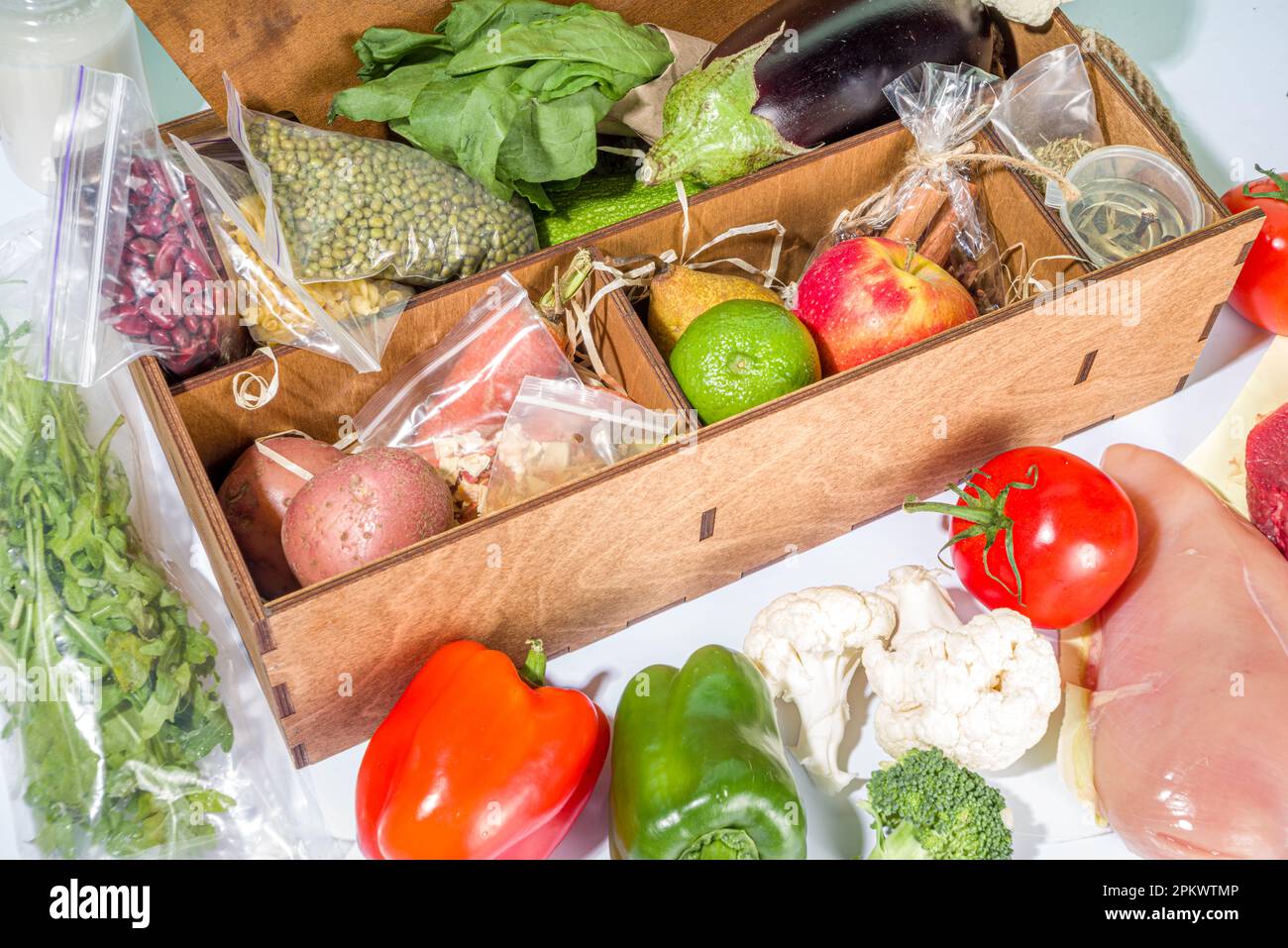 Meal Kit Delivery Concept. Set various healthy dishes food ingredients ...