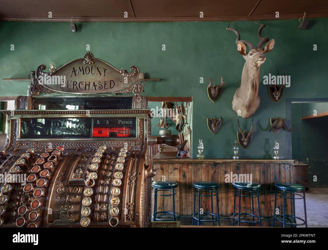The old till and bar counter of the Rhodes Hotel bar Stock Photo - Alamy