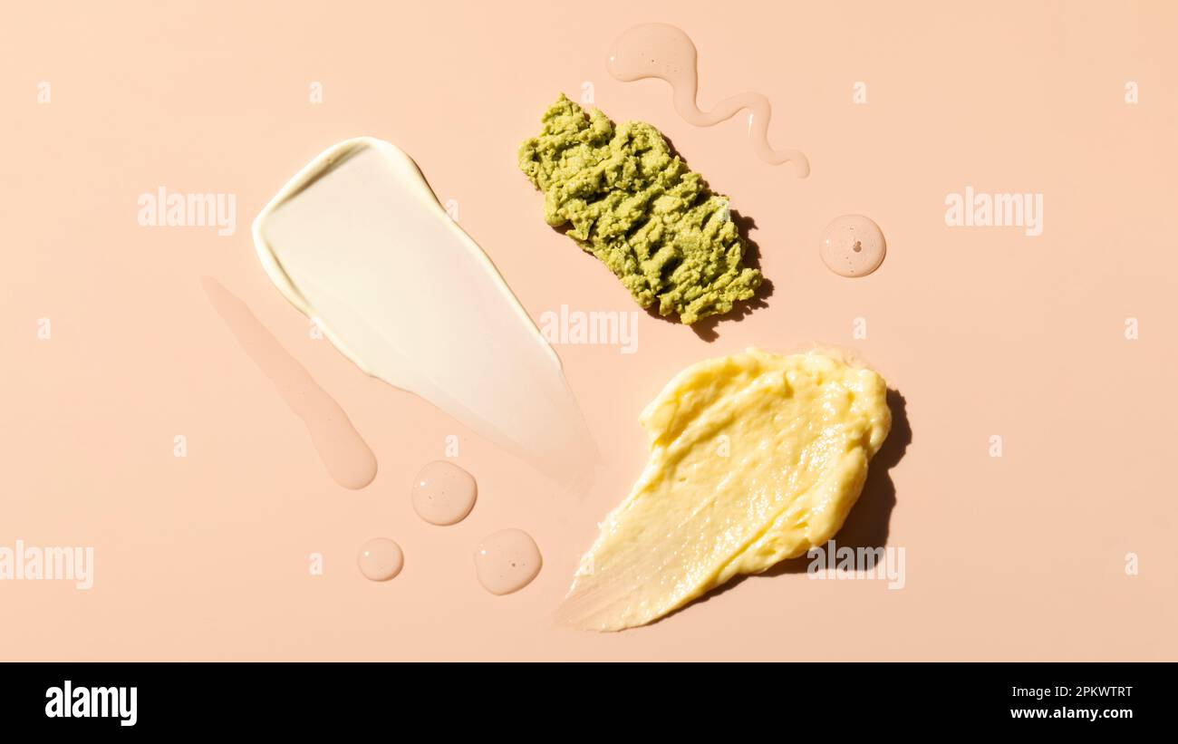 Samples and textures of various cosmetics for skin and hair care ...
