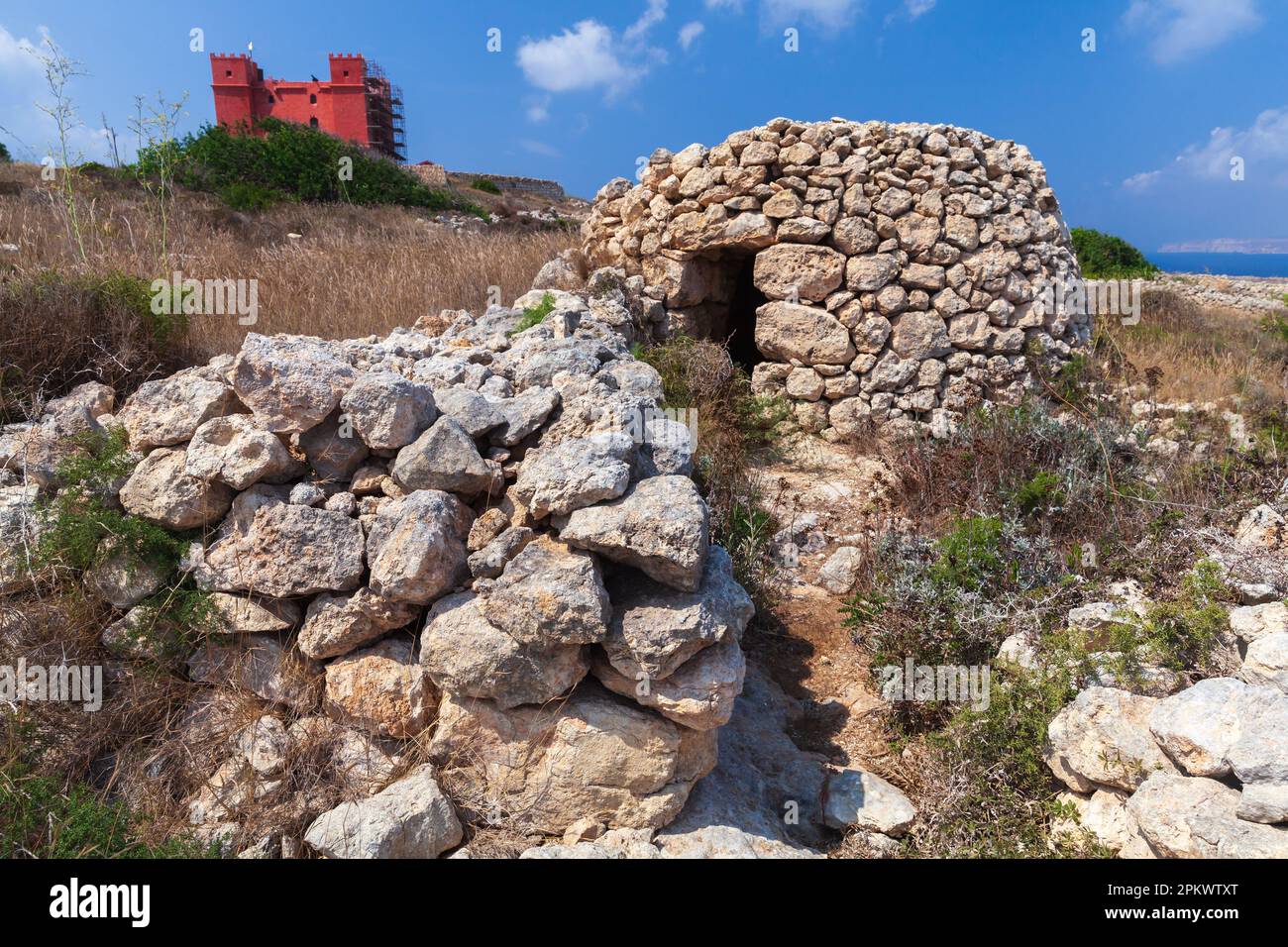 Old stone hut near the Saint Agathas Tower, also known as the Red Tower ...