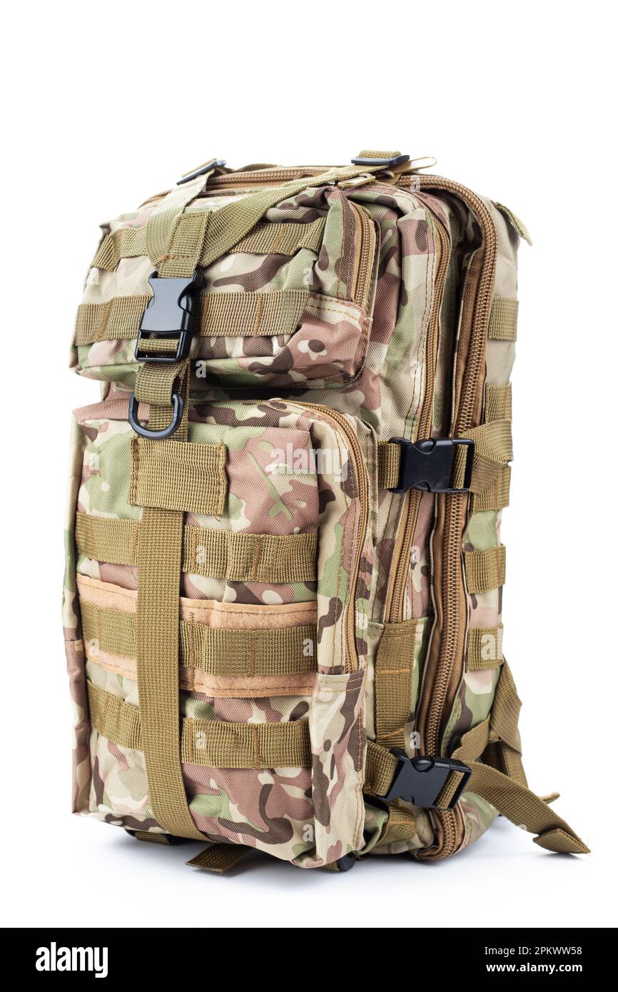 Military backpack of khaki color on a white background, it can be used ...
