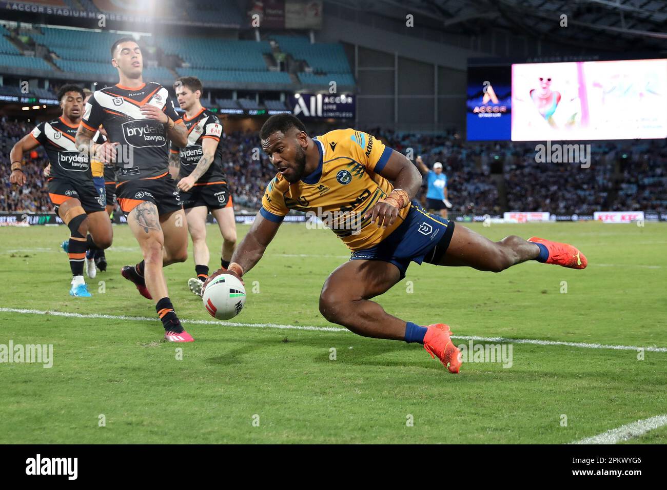 Maika Sivo of the Eels scores a try during the NRL Round 6 match ...