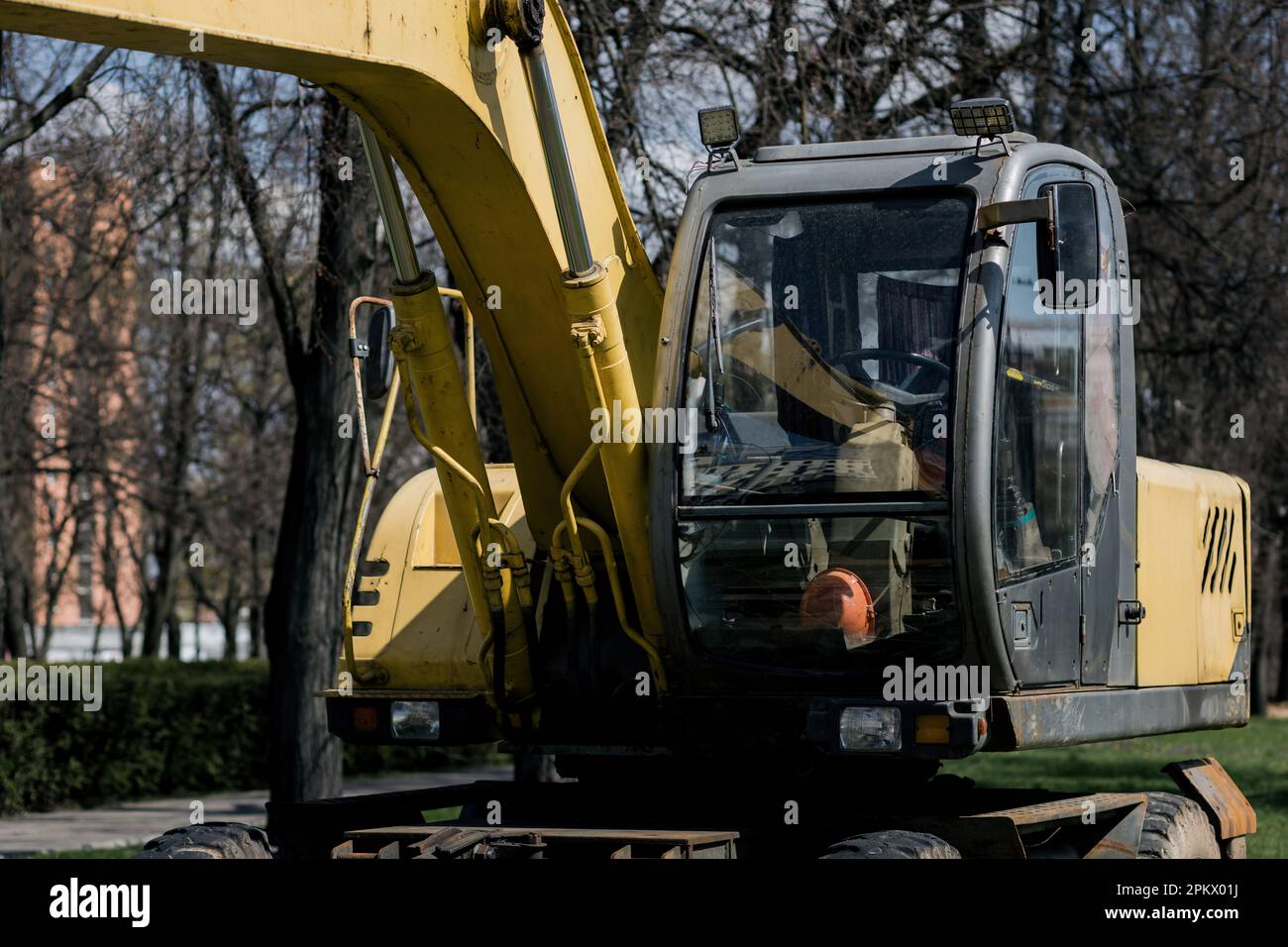 Cab of a bulldozer at a construction site. cabin of tractor Stock Photo ...