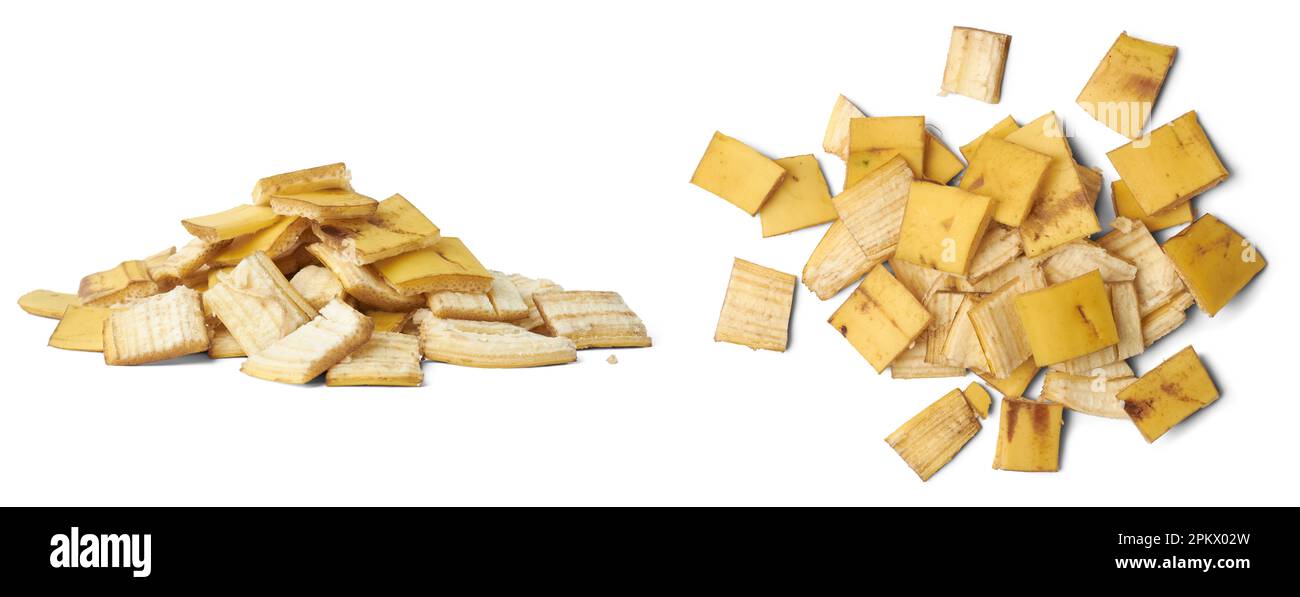 pile of chopped banana peels into small pieces, food waste used as ...