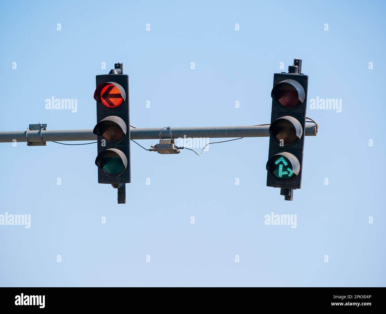 Traffic light against blue sky showing the color red Stock Photo - Alamy