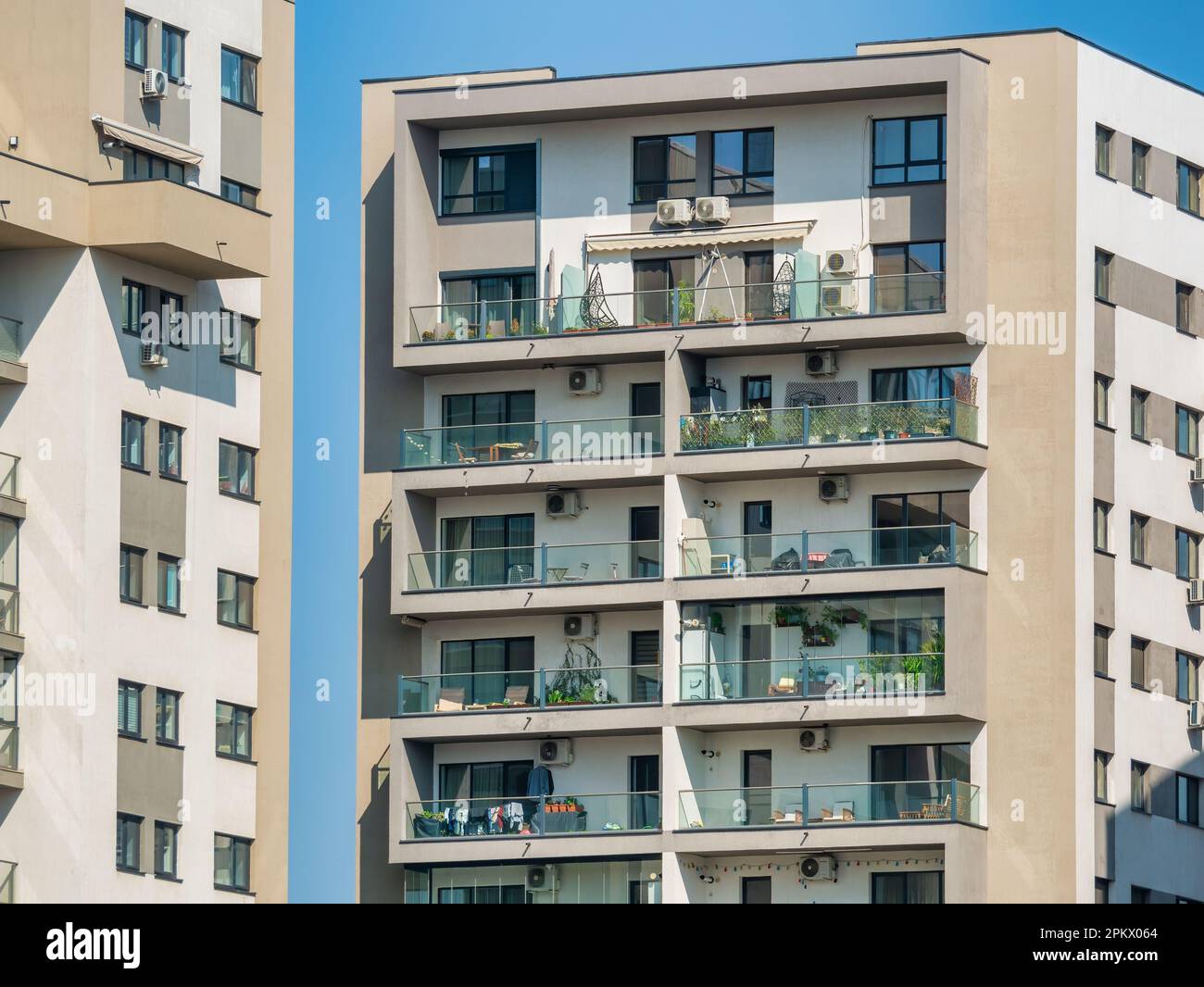 Close up detail with a new built apartment building in Bucharest ...