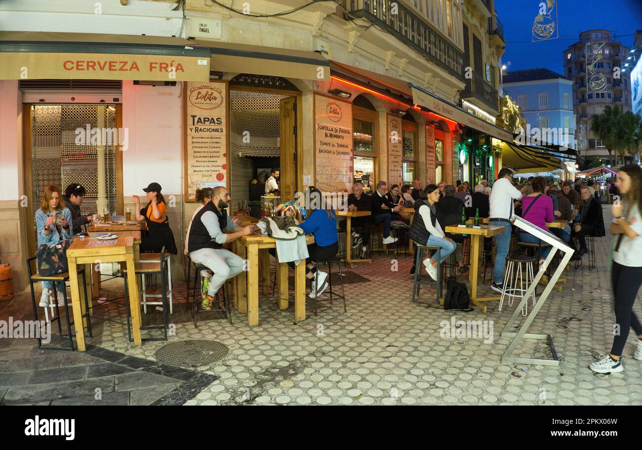 Nightlife in the old town of Malaga, Andalusia, Costa del Sol, Spain ...