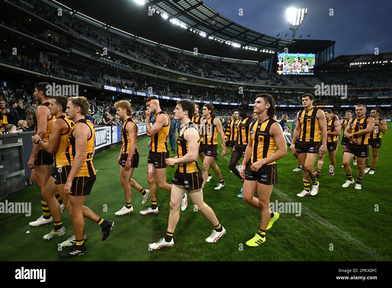 Hawthorn Hawks players leave the field during the AFL Round 4 match ...