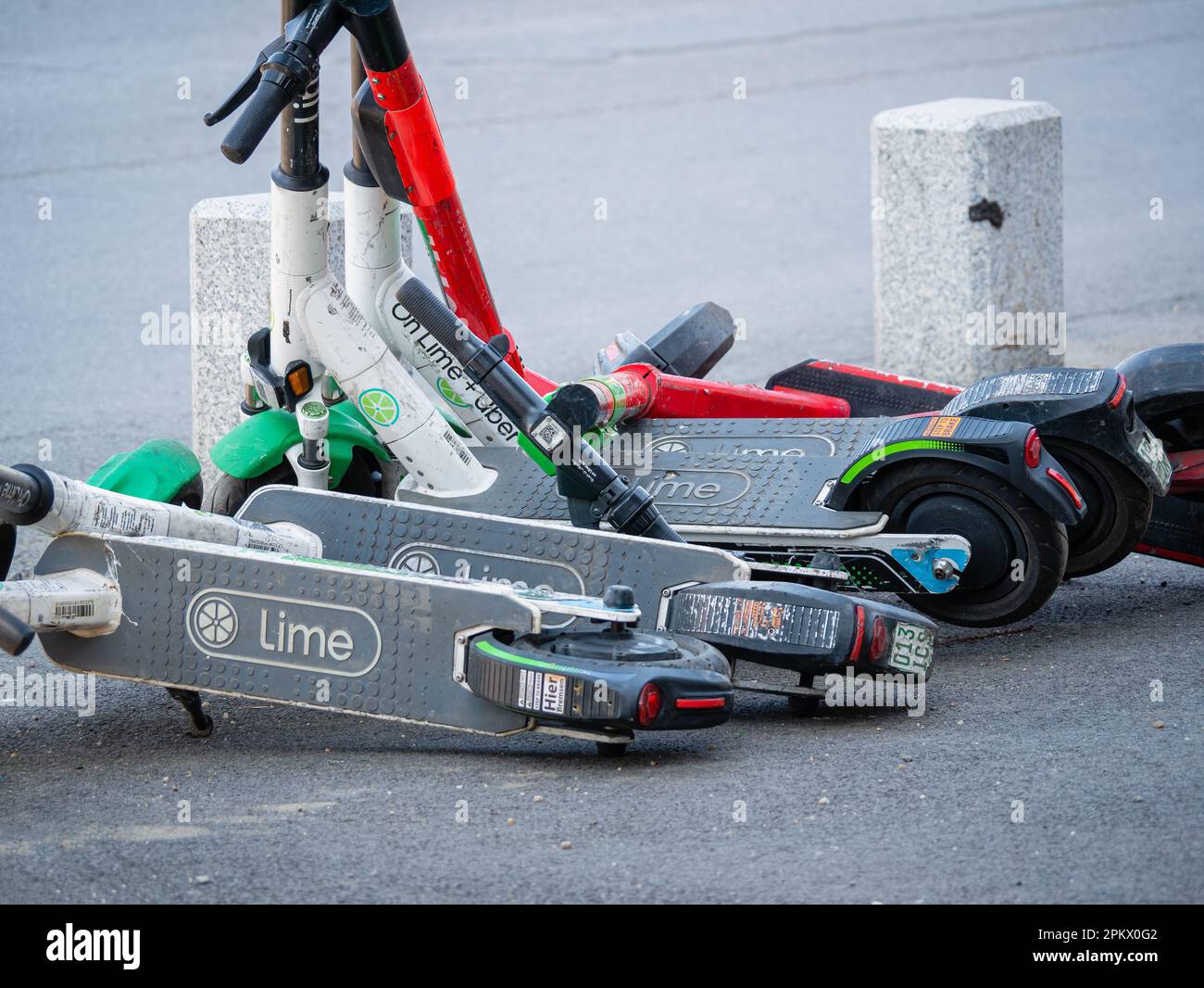 Bucharest, Romania - March 2023: Many broken and left on the sidewalk ...