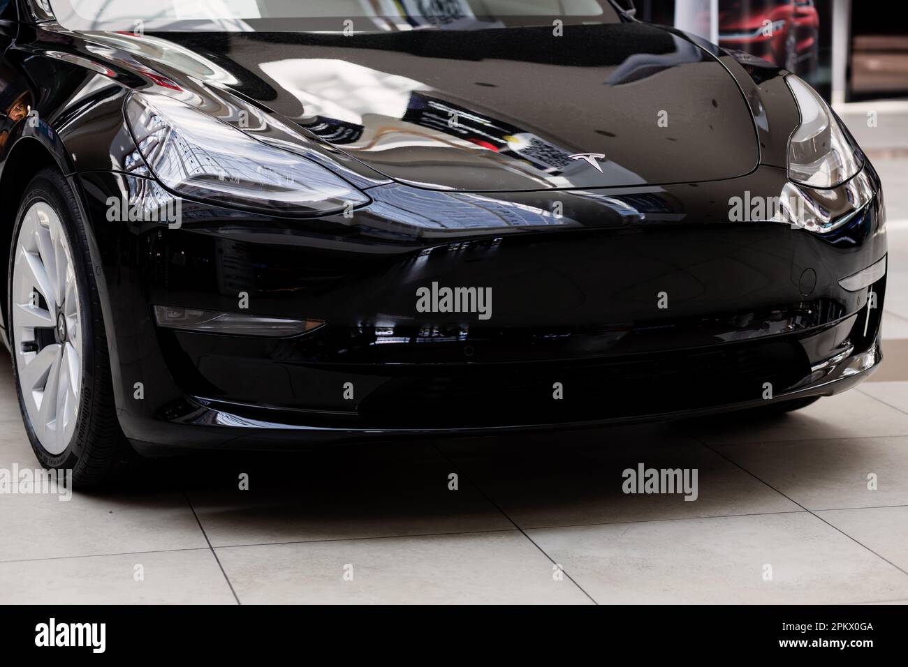 Minsk, Belarus, April 2023 - electric car Tesla. Modern eco automobile ...