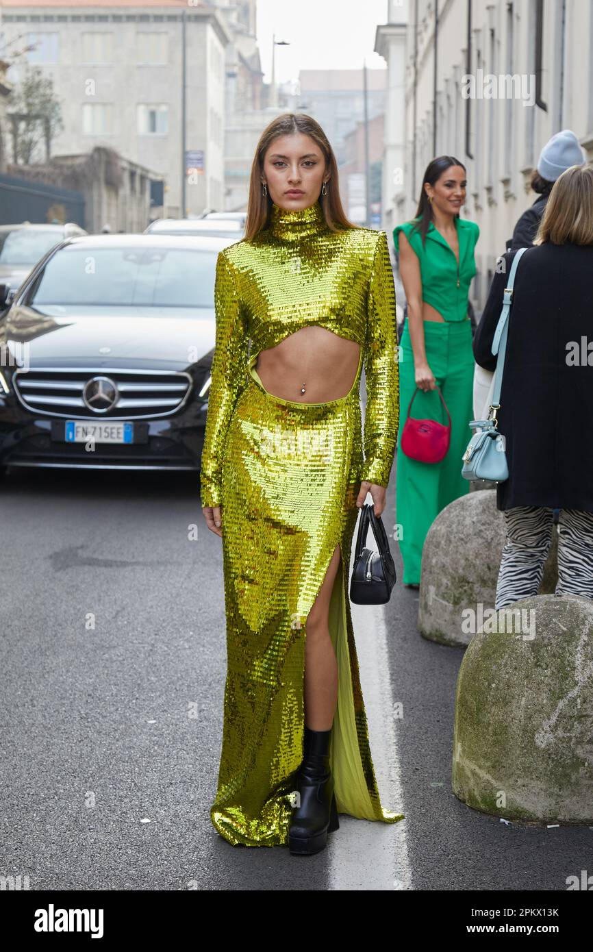 MILAN, ITALY - FEBRUARY 23, 2023: Anna Martin with yellow green sequin ...