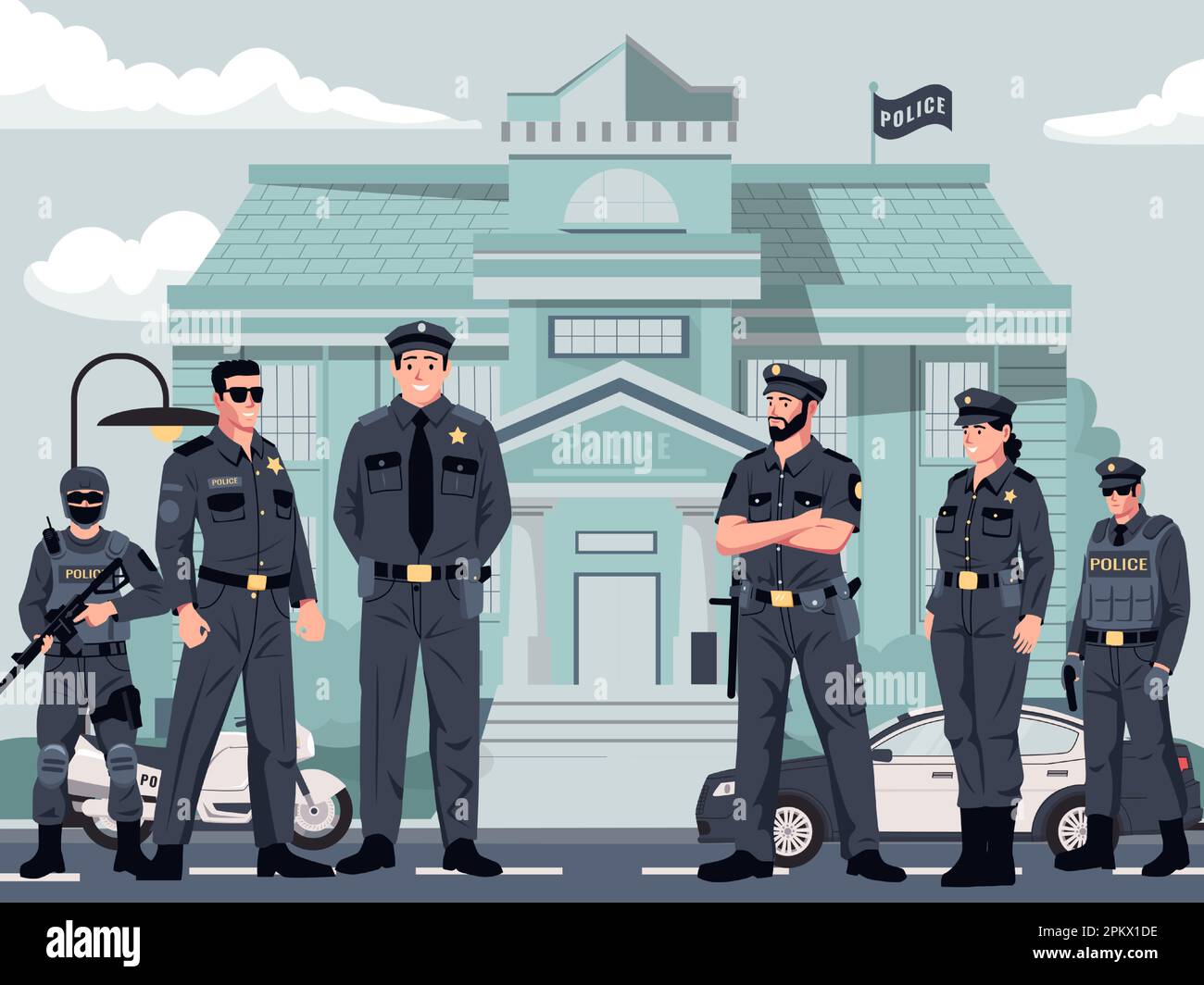 Police station. City department exterior with patrol cars and policeman ...