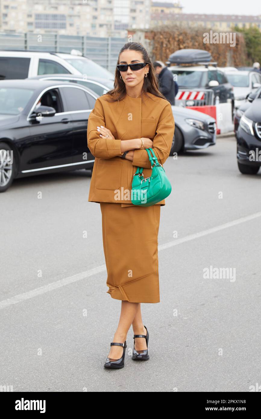 MILAN, ITALY - FEBRUARY 23, 2023: Tamara Kalinic before Prada fashion show, Milan Fashion Week ...