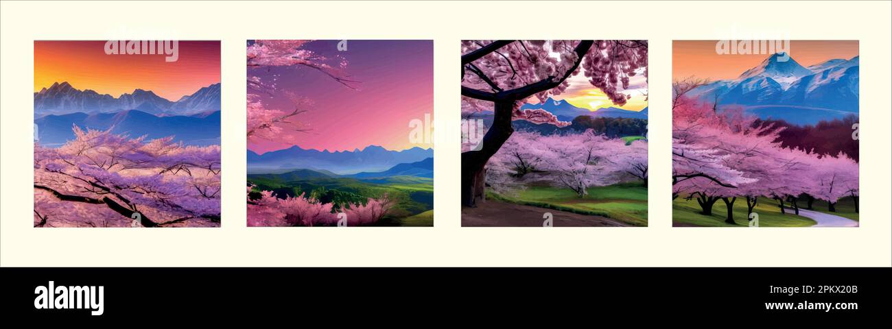 Spring landscape with cherry blossom sakura, green meadow on hill, blue ...