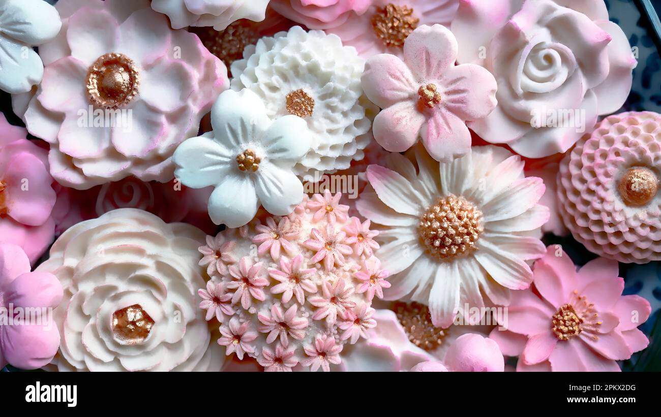 Close up Thai dessert various flower shaped in pastel pink color tone ...