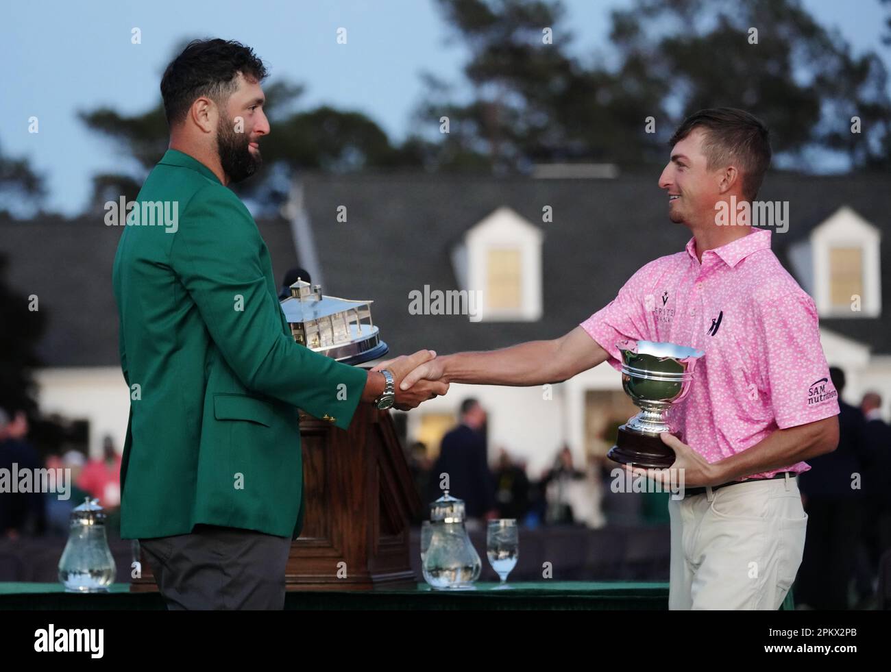 Augusta, USA. 9th Apr, 2023. Jon Rahm (L) of Spain greets Sam Bennett ...