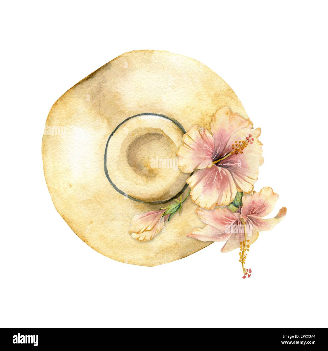 Hand drawn watercolor composition. Straw wide-brim yellow sun hat ...