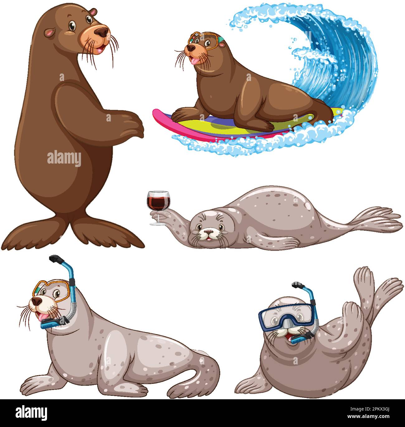 Sea Lion and Seal Cartoon Characters in Summer Theme illustration Stock ...