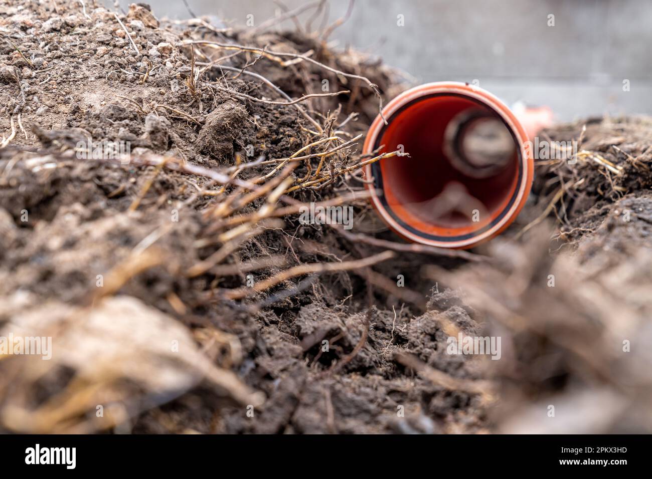 plastic pvc waste sewer pipe in the ground. construction site Stock ...