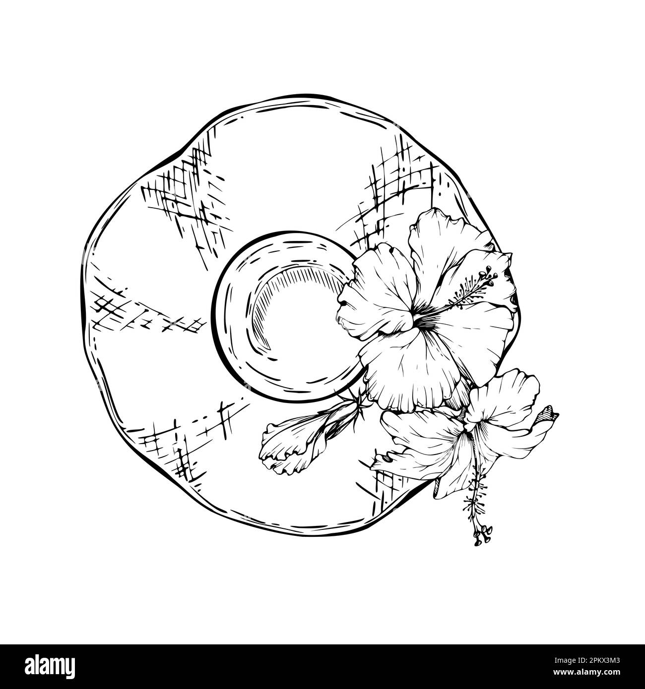 Hand drawn vector ink composition. Straw wide-brim graphic sun hat ...