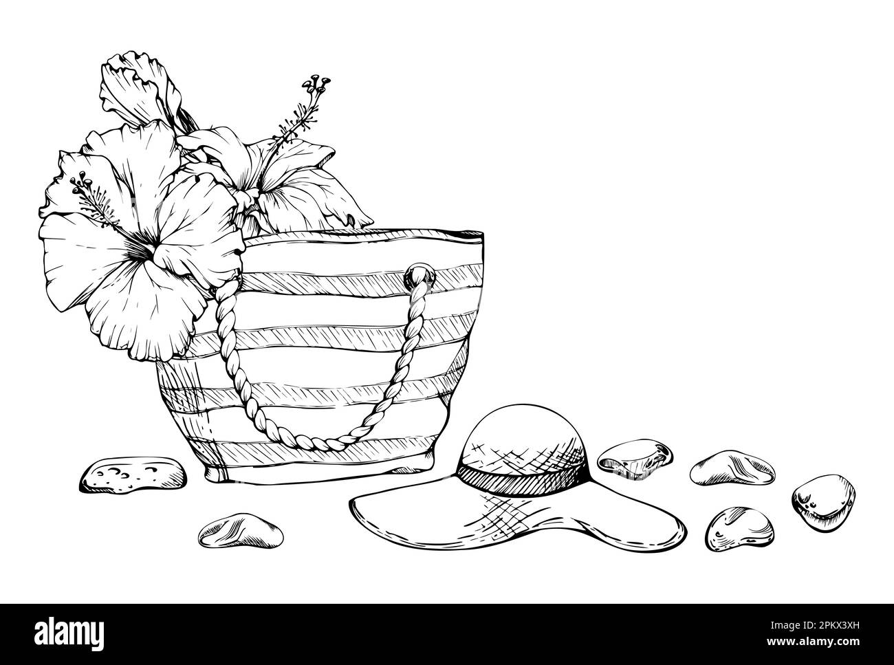 Hand Drawn Vector Ink Composition Seascape With Beach Bag And Hat Sea