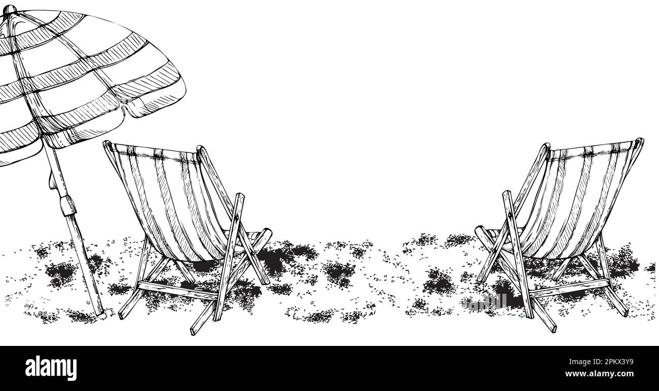 Hand Drawn Vector Ink Composition Striped Beach Accessories Umbrellas