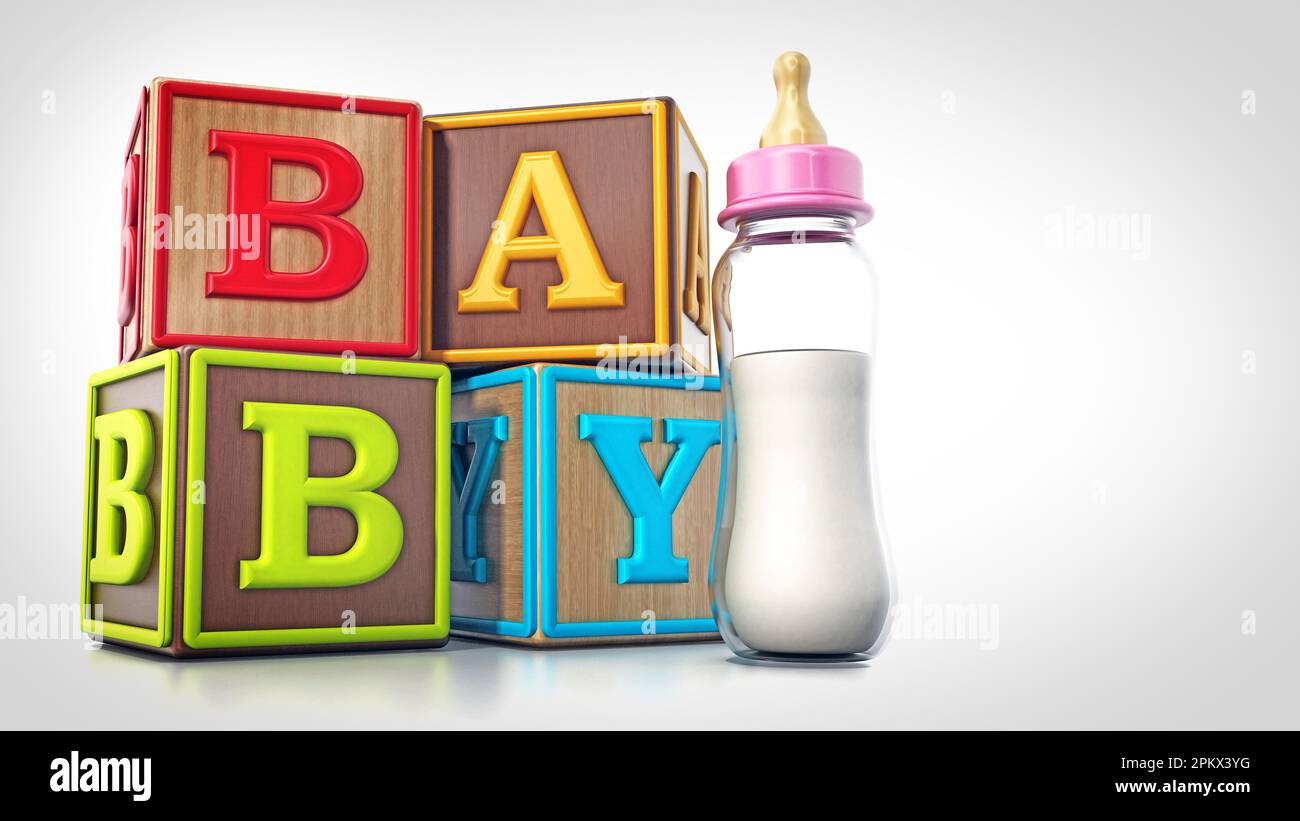 Baby cubes and feeding bottle isolated on white background. 3D ...