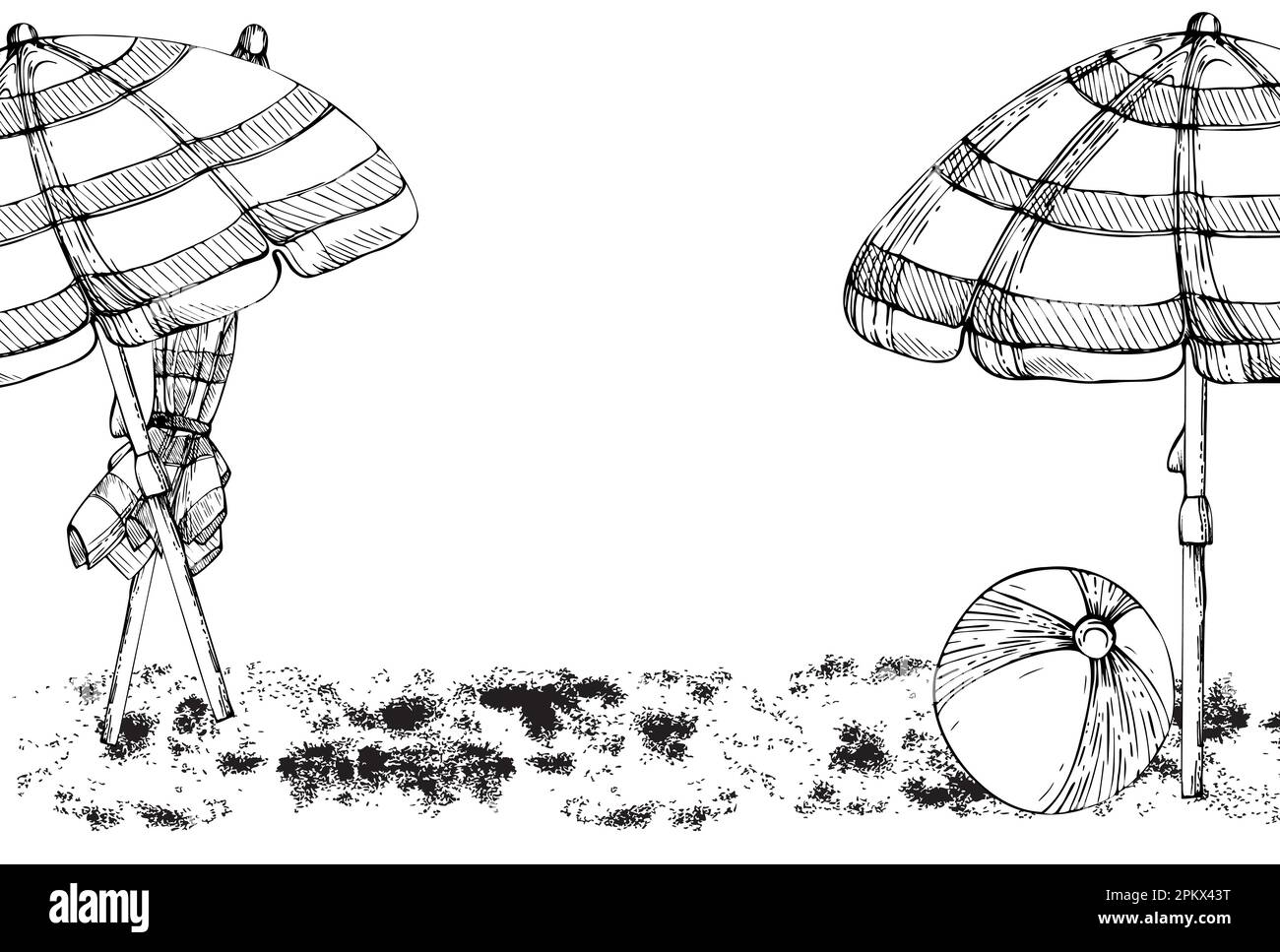 Hand Drawn Vector Ink Composition Striped Beach Accessories Umbrellas
