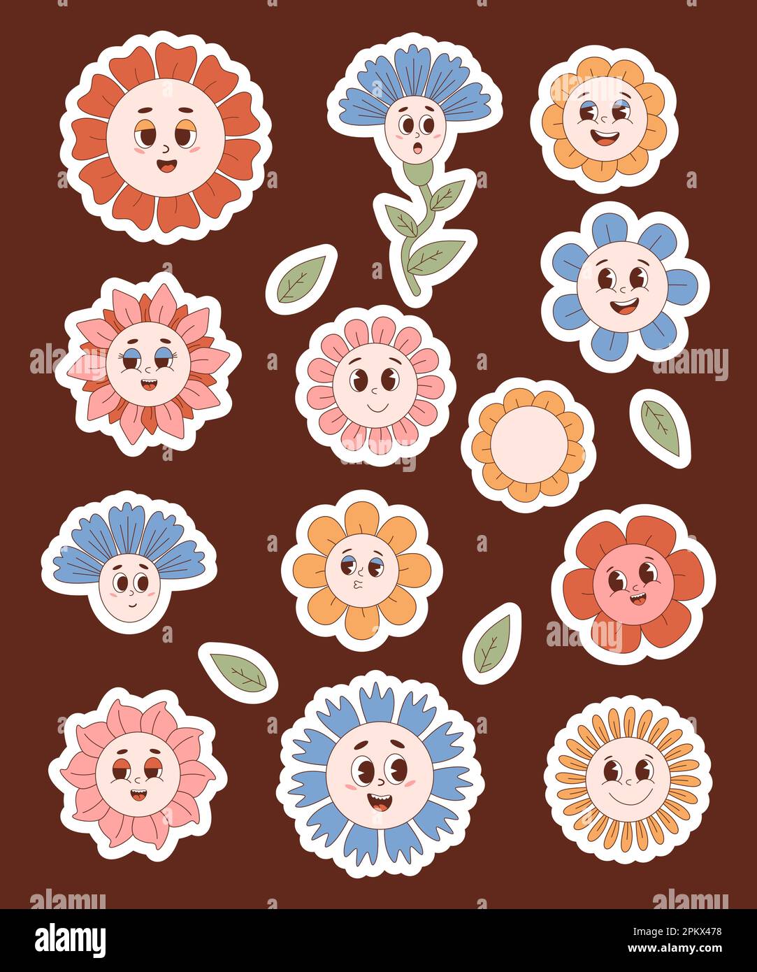 Groovy flower power stickers. Funny retro hippie 70s cartoon flowers ...