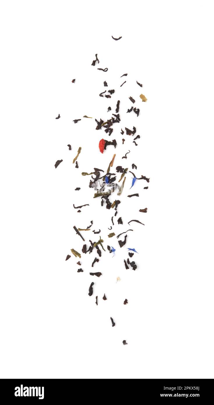 Falling dried tea leaves isolated on white background Stock Photo - Alamy