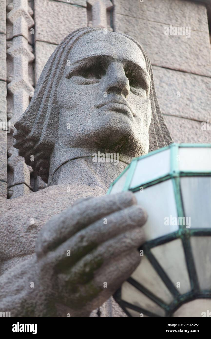 Finland, Helsinki, main railway station, gothic statues of mythical ...