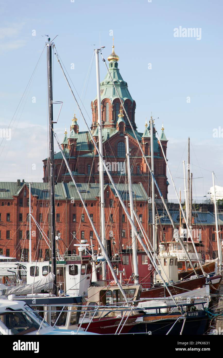 Finland, Helsinki, Uspenski Orthodox cathedral, with boats at the ...