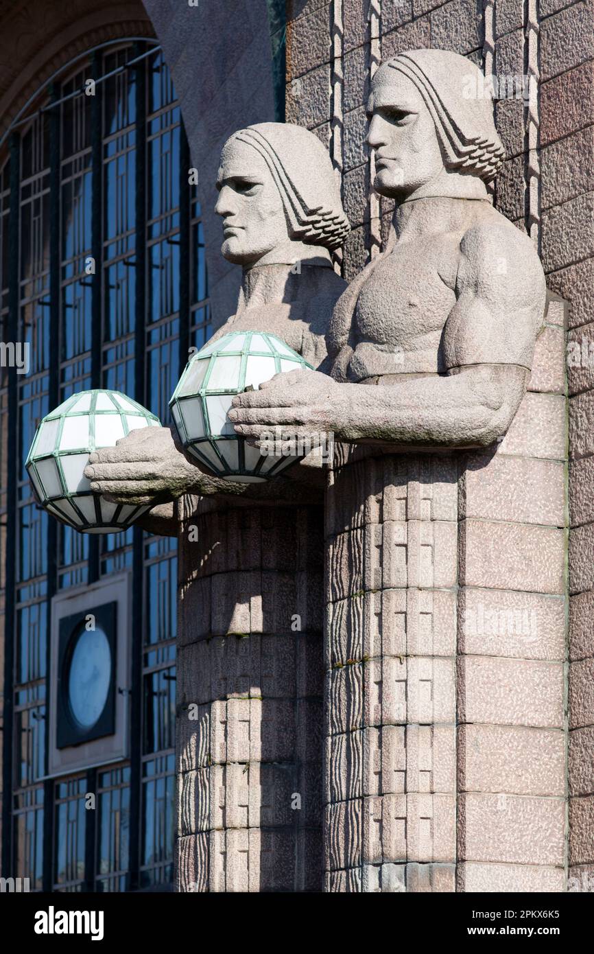 Finland, Helsinki, main railway station, gothic statues of mythical ...