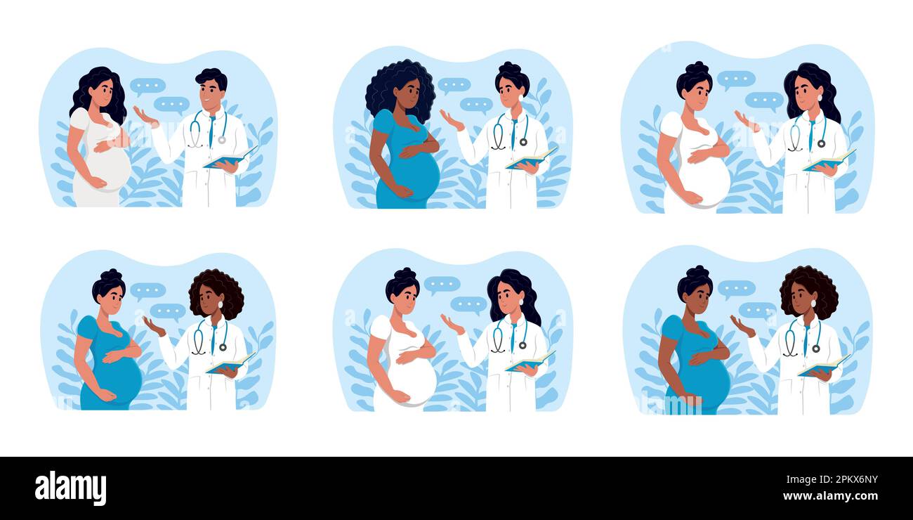 Doctors and pregnant women of different races and ages. Male and female ...