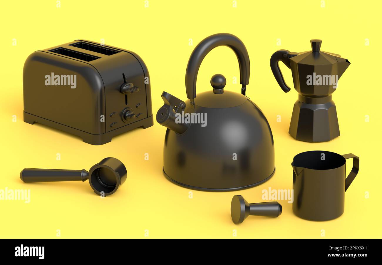 Kettle, toaster, coffee machine horn and geyser coffee maker on ...
