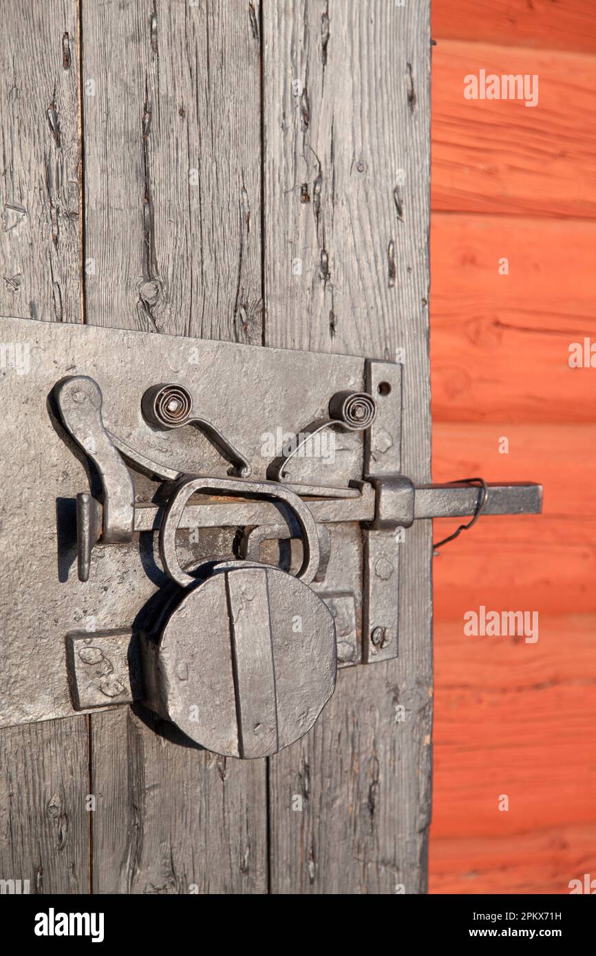 Finland, Oulu, wrought iron lock on door of an old granary, on the ...
