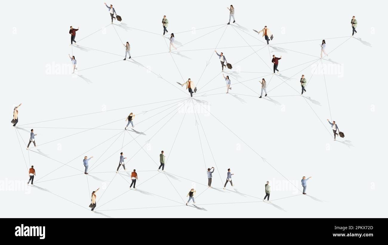 Aerial view of different people of diverse age and gender connected ...