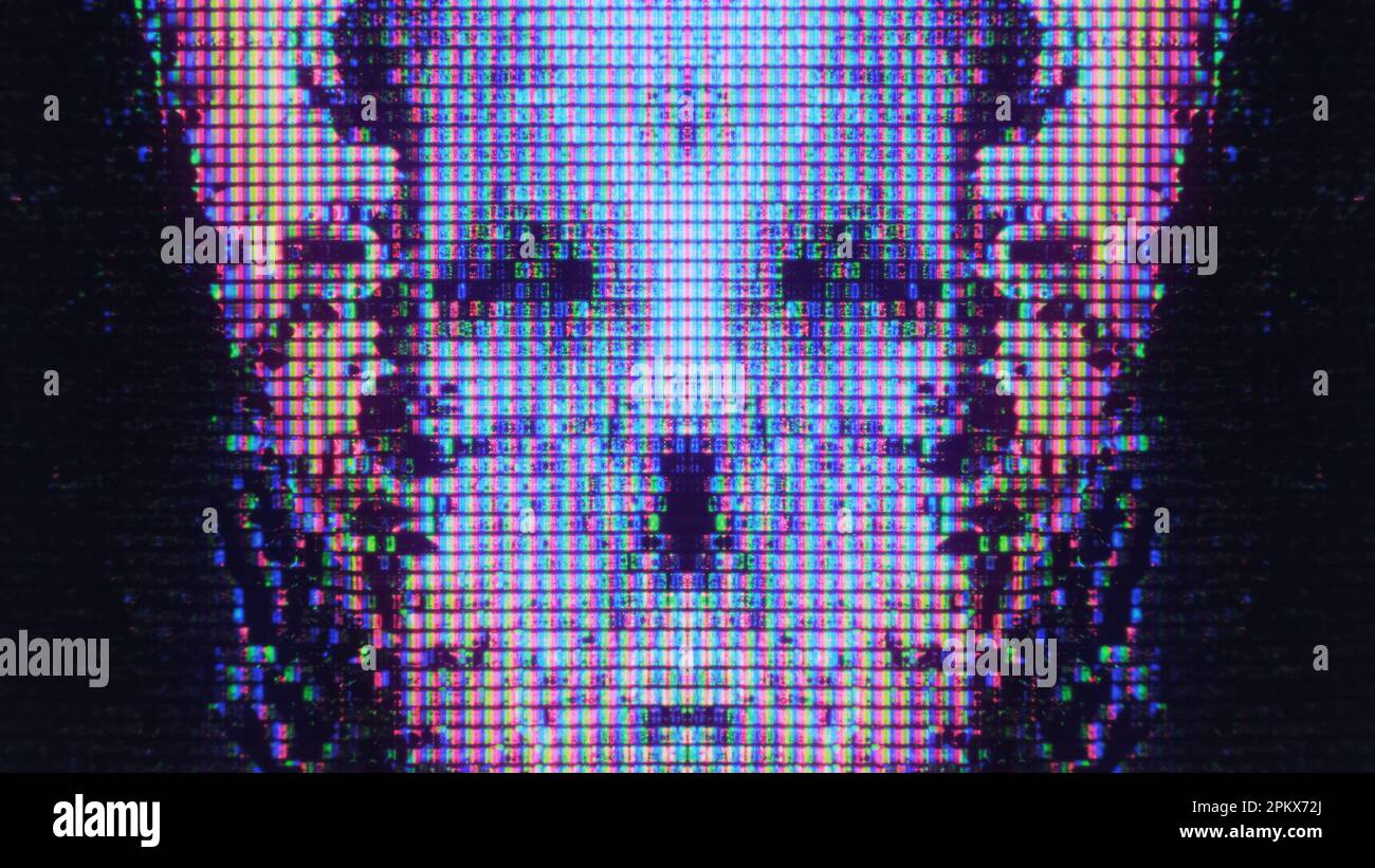 Glitch art cyber noise neon light pixel alien face Stock Photo - Alamy