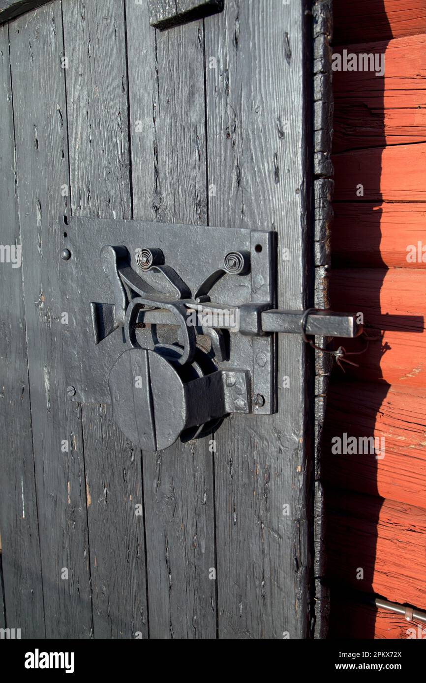 Finland, Oulu, wrought iron lock on door of an old granary, on the ...