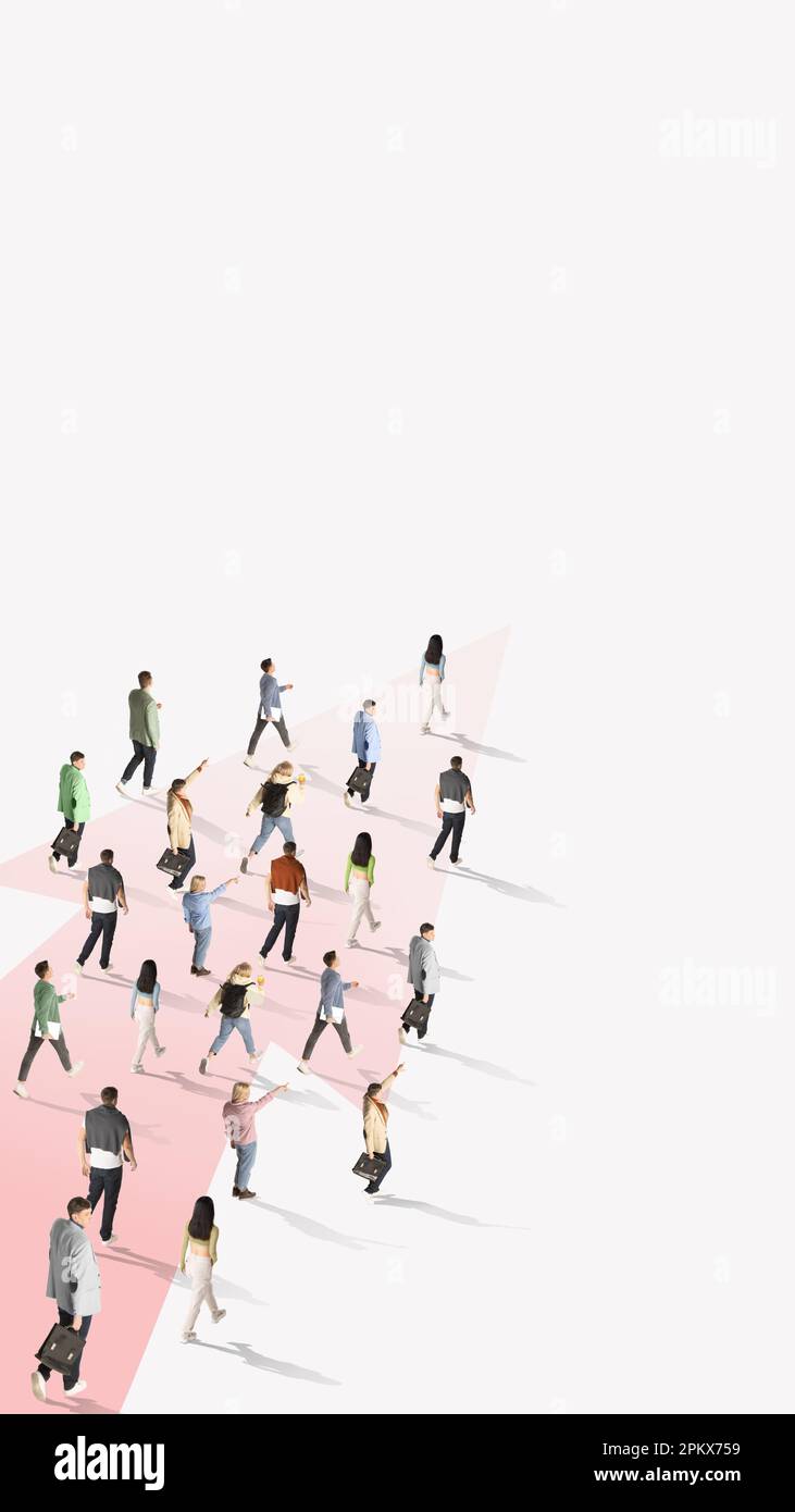 One way movement. Aerial view on group of different people walking same ...