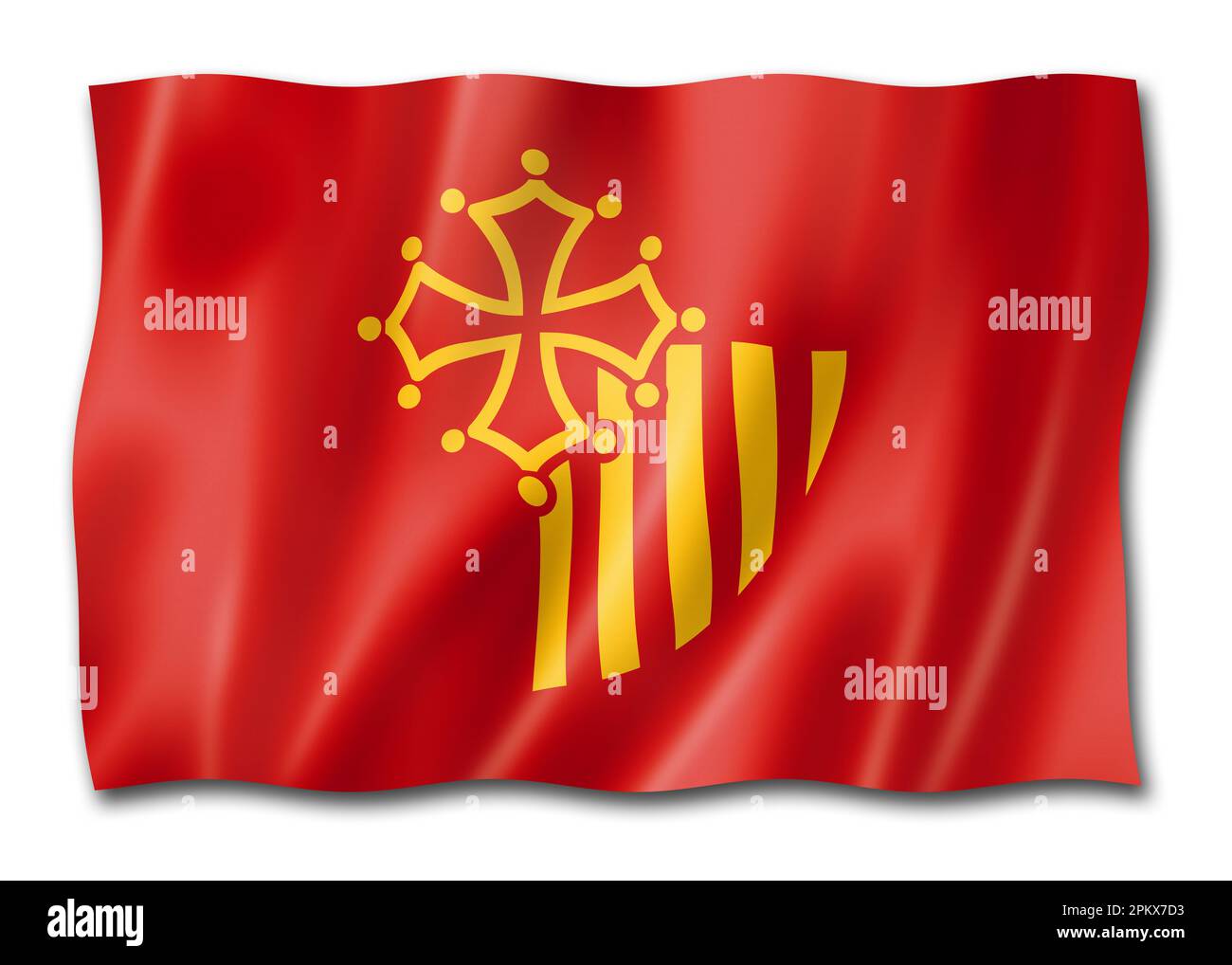 Languedoc-Roussillon Region flag, France waving banner collection. 3D ...